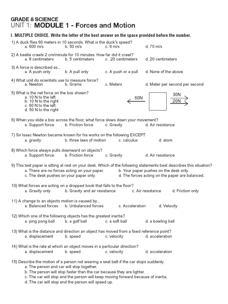 GRADE 8 SCIENCE QUIZ: Forces and Motion | PDF | Acceleration | Force