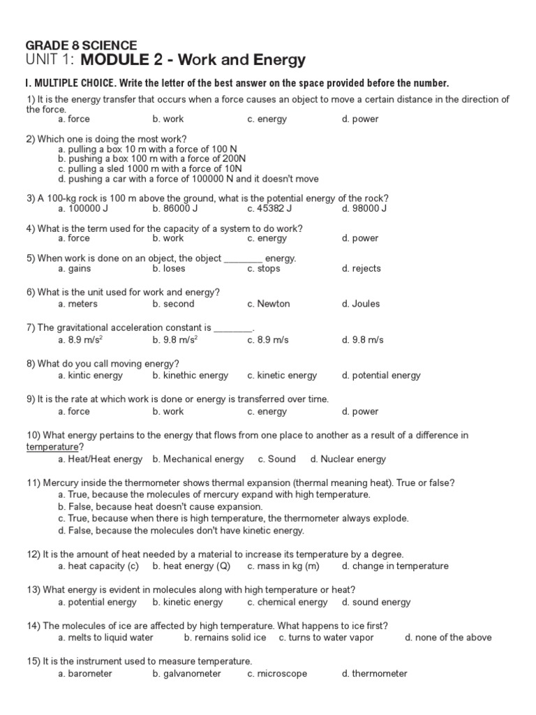 GRADE 8 SCIENCE QUIZ: Power, Work and Energy | Download Free PDF ...