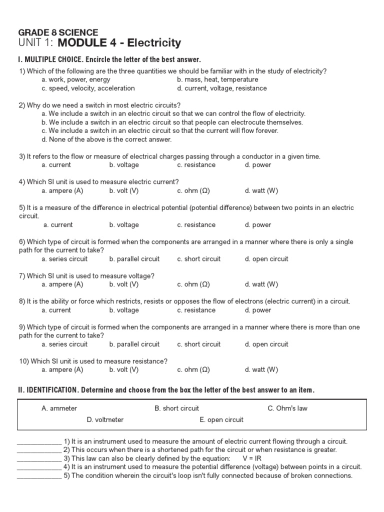 GRADE 8 SCIENCE QUIZ: Electricity | PDF | Voltage | Series And Parallel ...