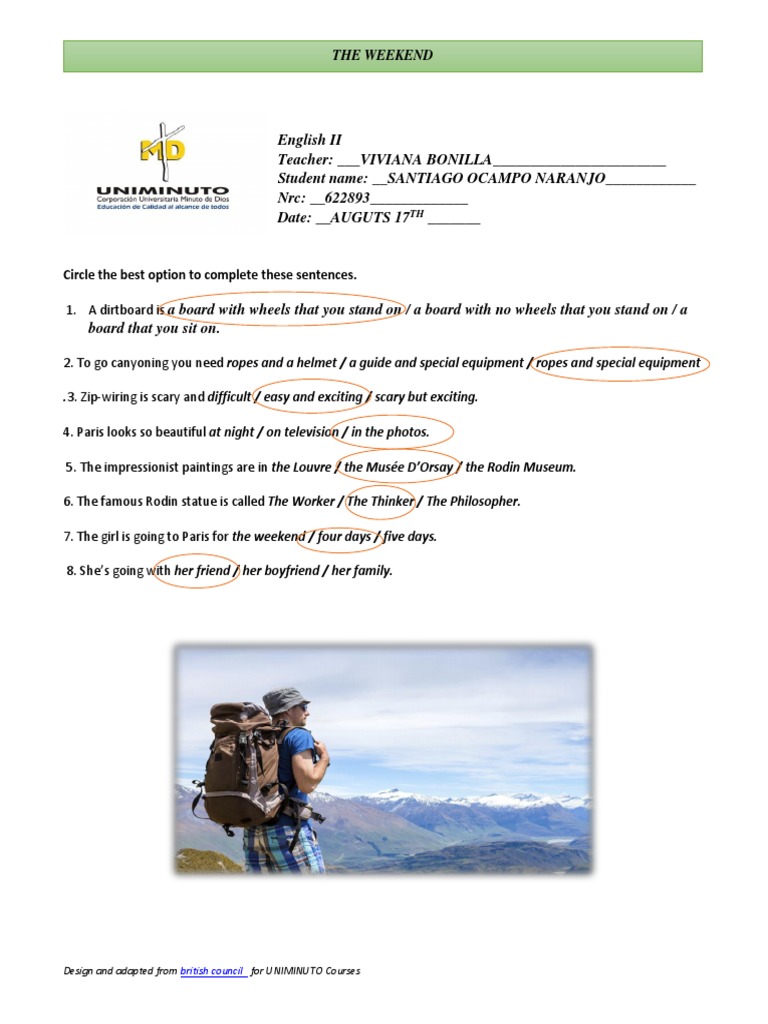The Weekend: Circle The Best Option To Complete These Sentences | PDF