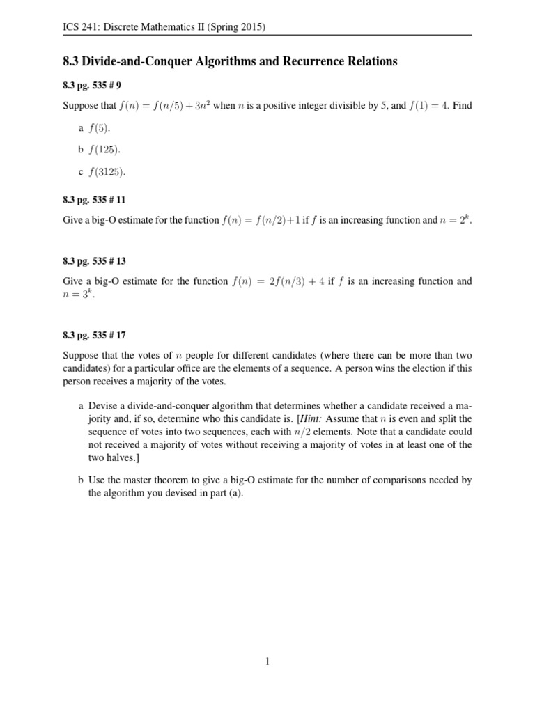 8.3 Divide-and-Conquer Algorithms and Recurrence Relations | PDF ...