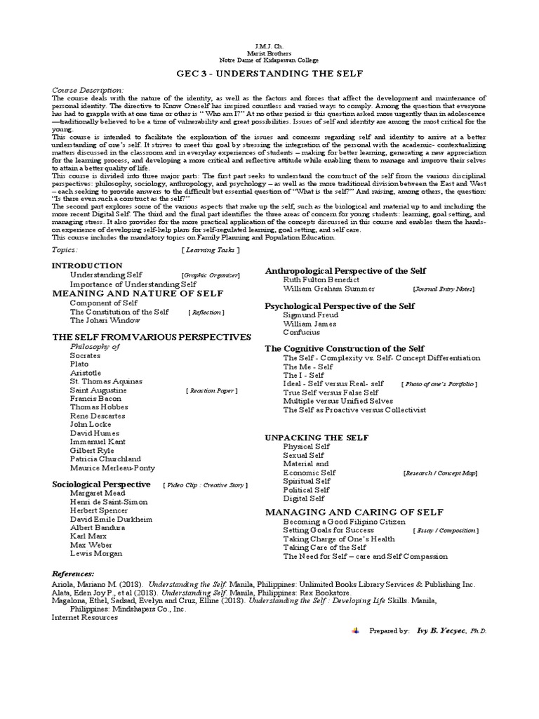 Gec 3 - Understanding The Self: Course Description | Download Free PDF ...