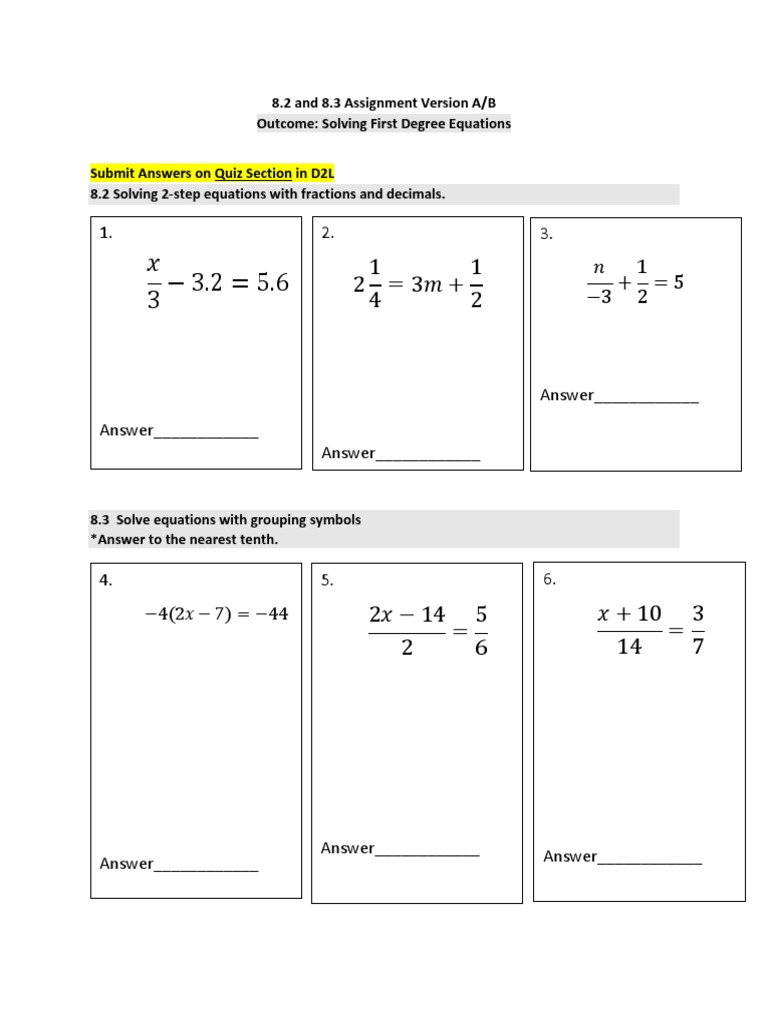 8.2 and 8.3 Assignment Version A/B Outcome: Solving First Degree ...