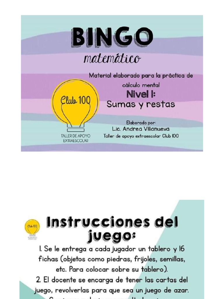 BINGO MATEMÁTICO, Sumas y Restas | PDF
