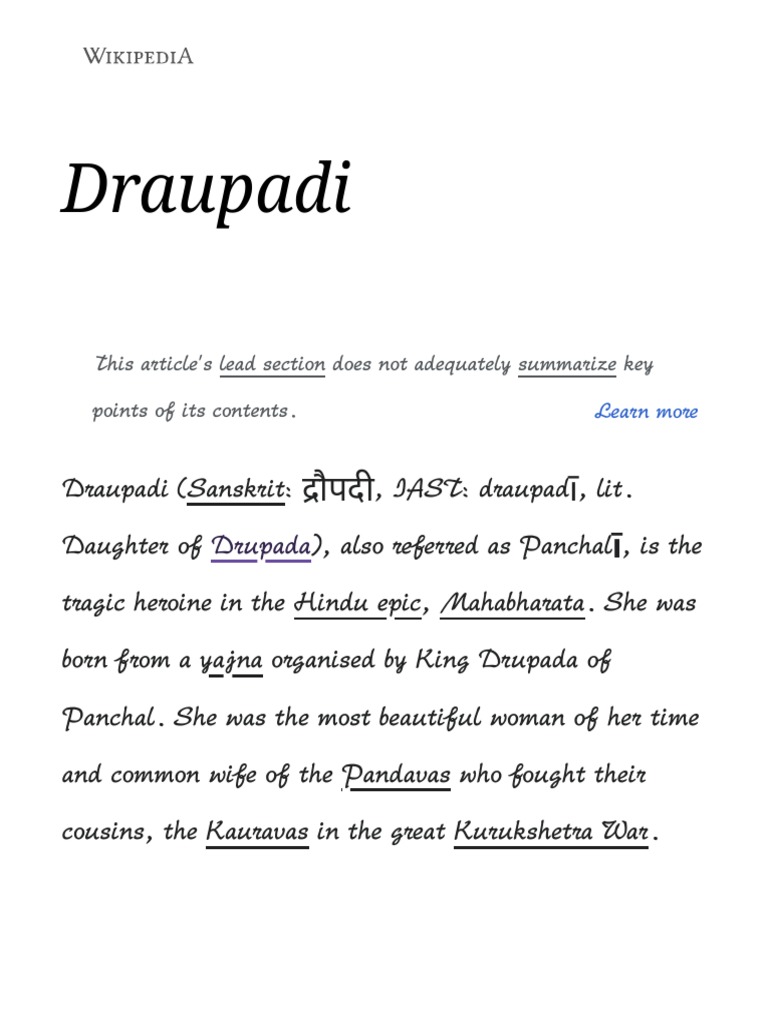 Draupadi - Wikipedia | PDF | Hindu Mythology | Mahabharata