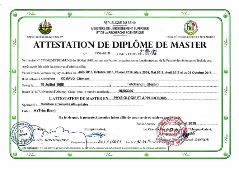 Attestation de Diplôme Master PDF | PDF