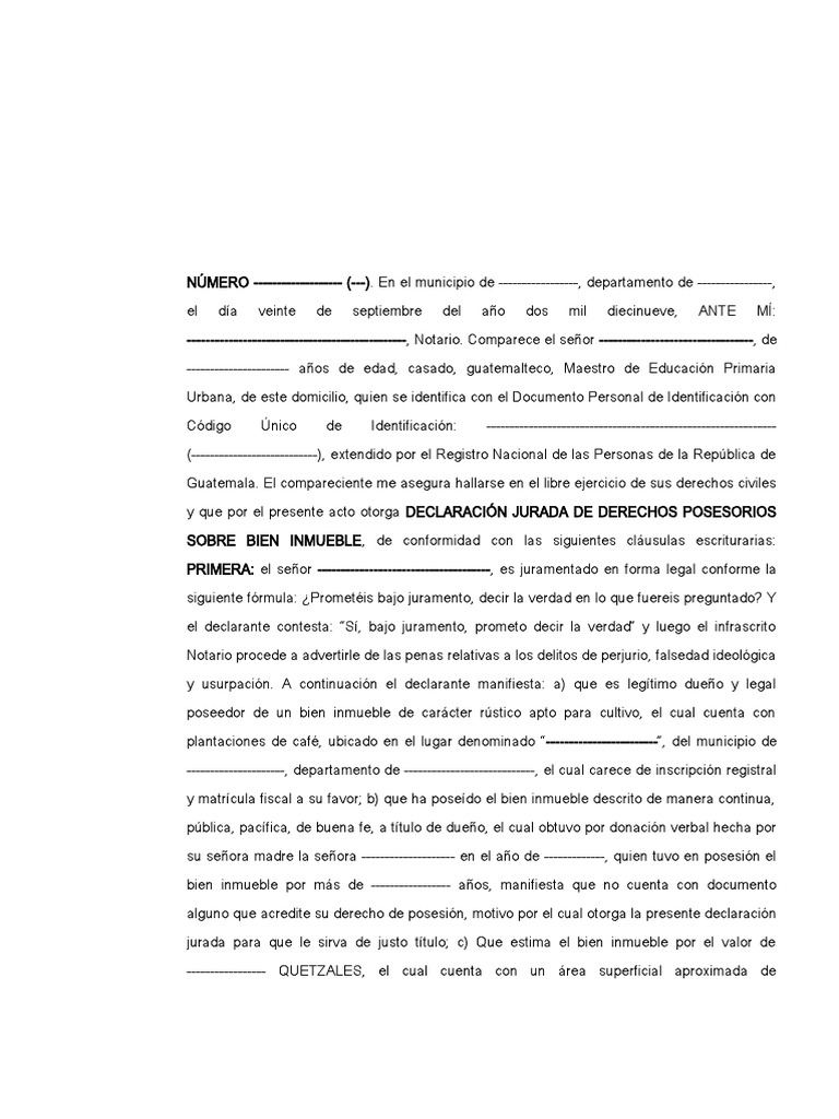 Declaración jurada de derechos posesorios sobre un bien inmueble rústico ubicado en el municipio ...
