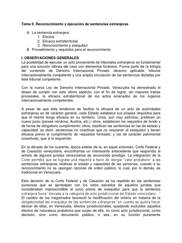 Tema 9 Reconocimiento y Ejecuci - N de Sentencias Extranjeras | PDF | Sentencia (ley) | Jurisdicción