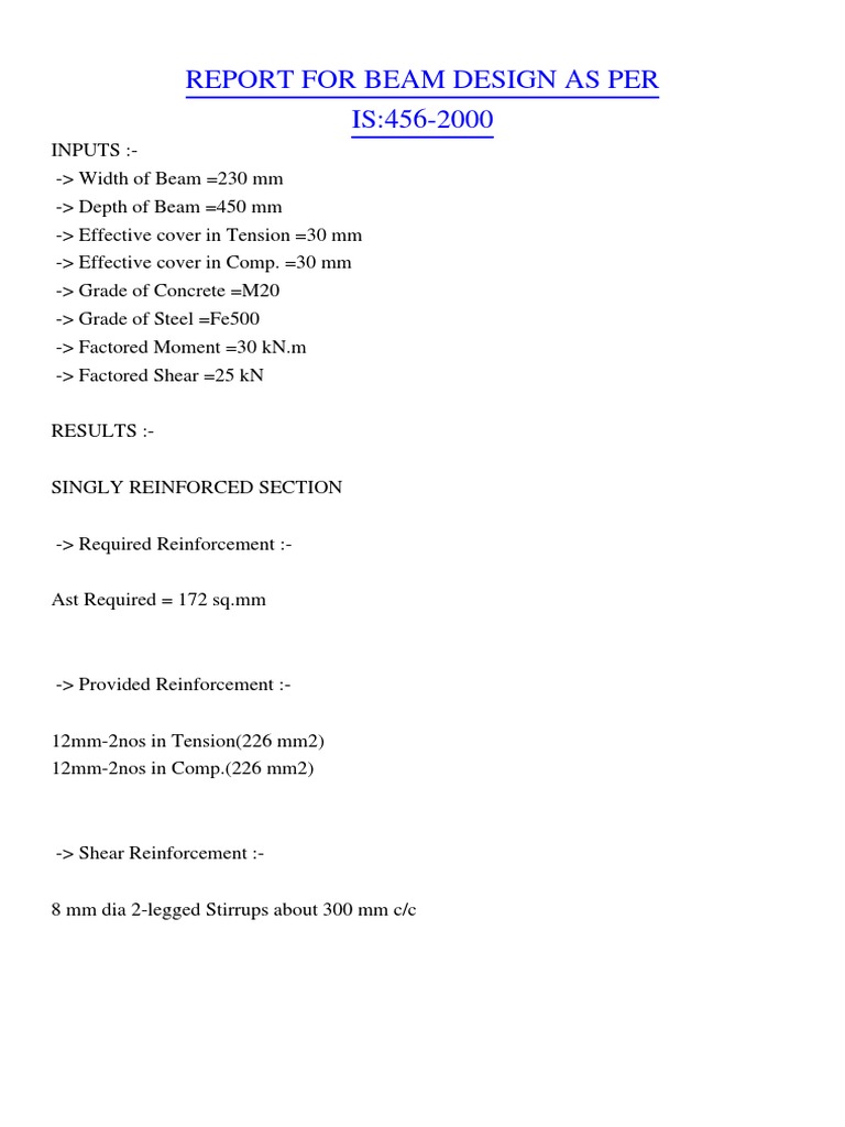 Report For Beam Design As Per IS:456-2000 | PDF | Technology & Engineering