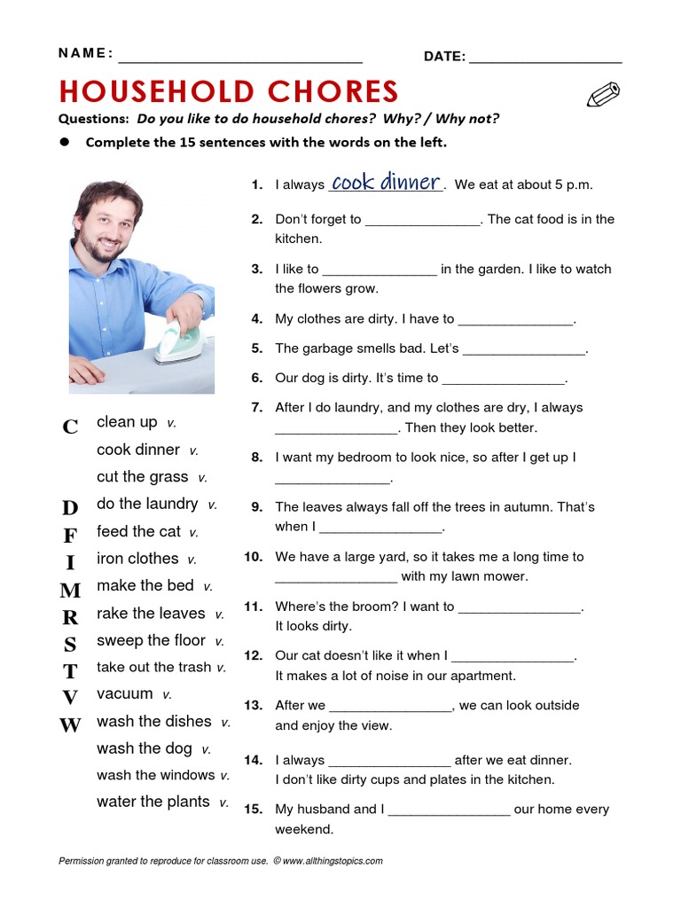 Household Chores: Complete The 15 Sentences With The Words On The Left ...