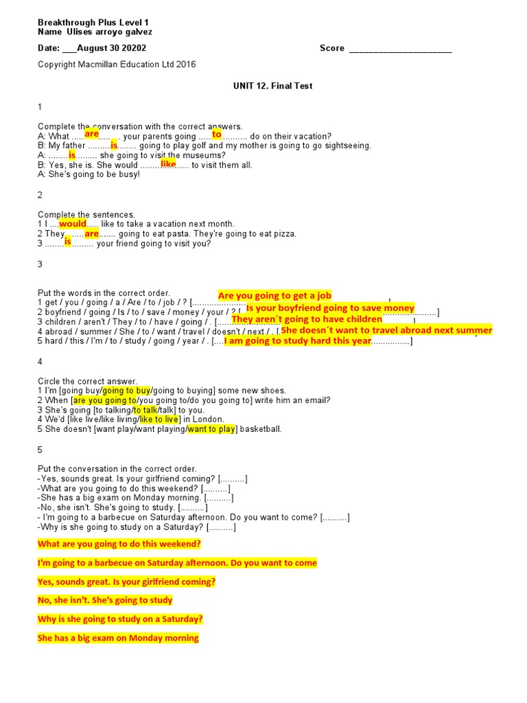 Breakthrough Plus Level 1 UNIT 12 TEST | PDF