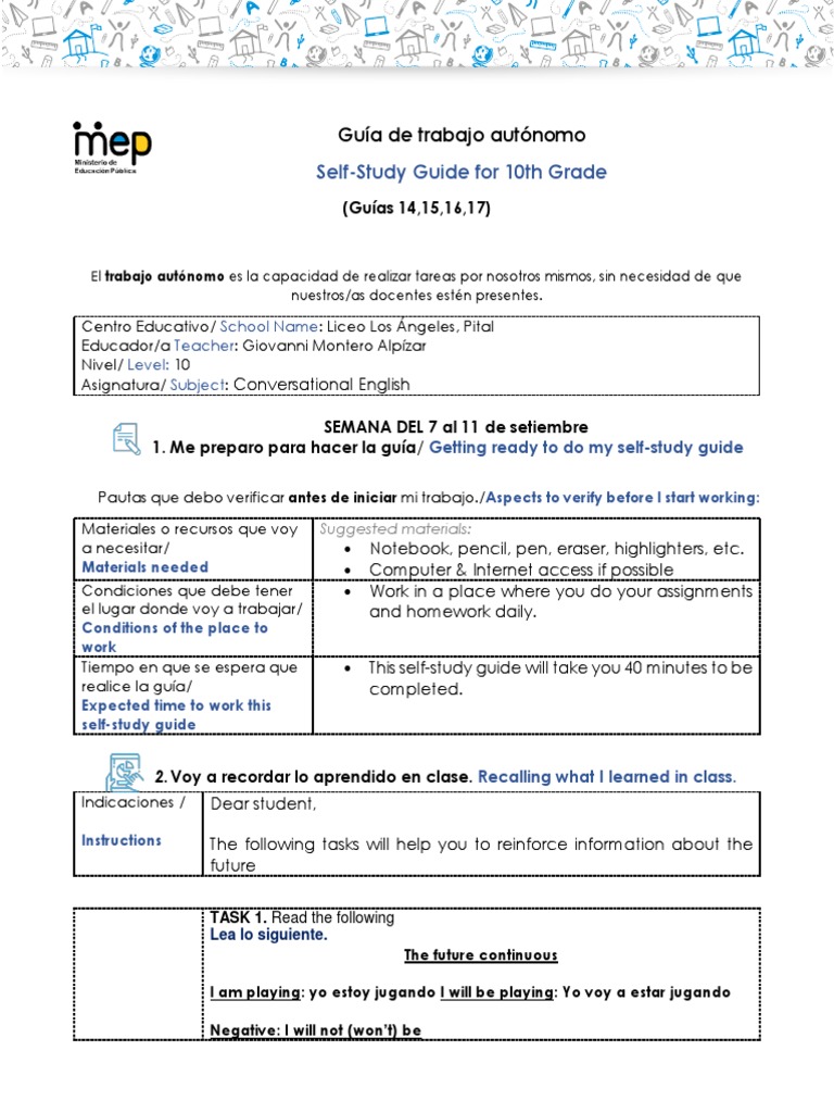 Self-Study Guide For 10th Grade: Guía de Trabajo Autónomo | PDF