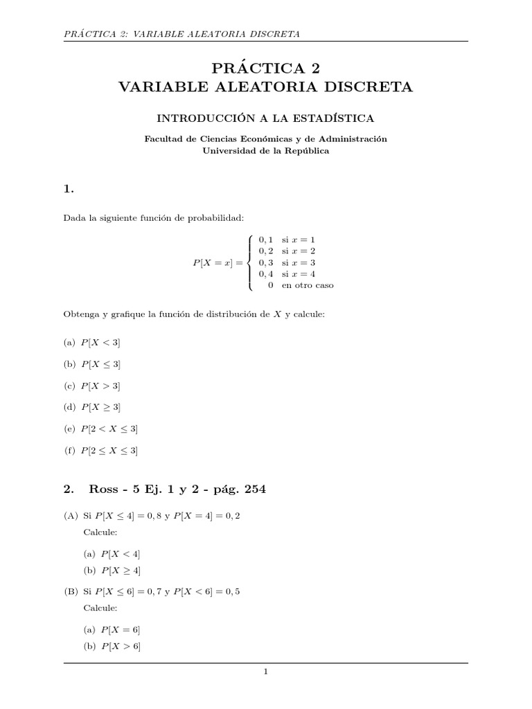 Practica 2 VA DISCRETA PDF | PDF | Variable aleatoria | Probabilidad