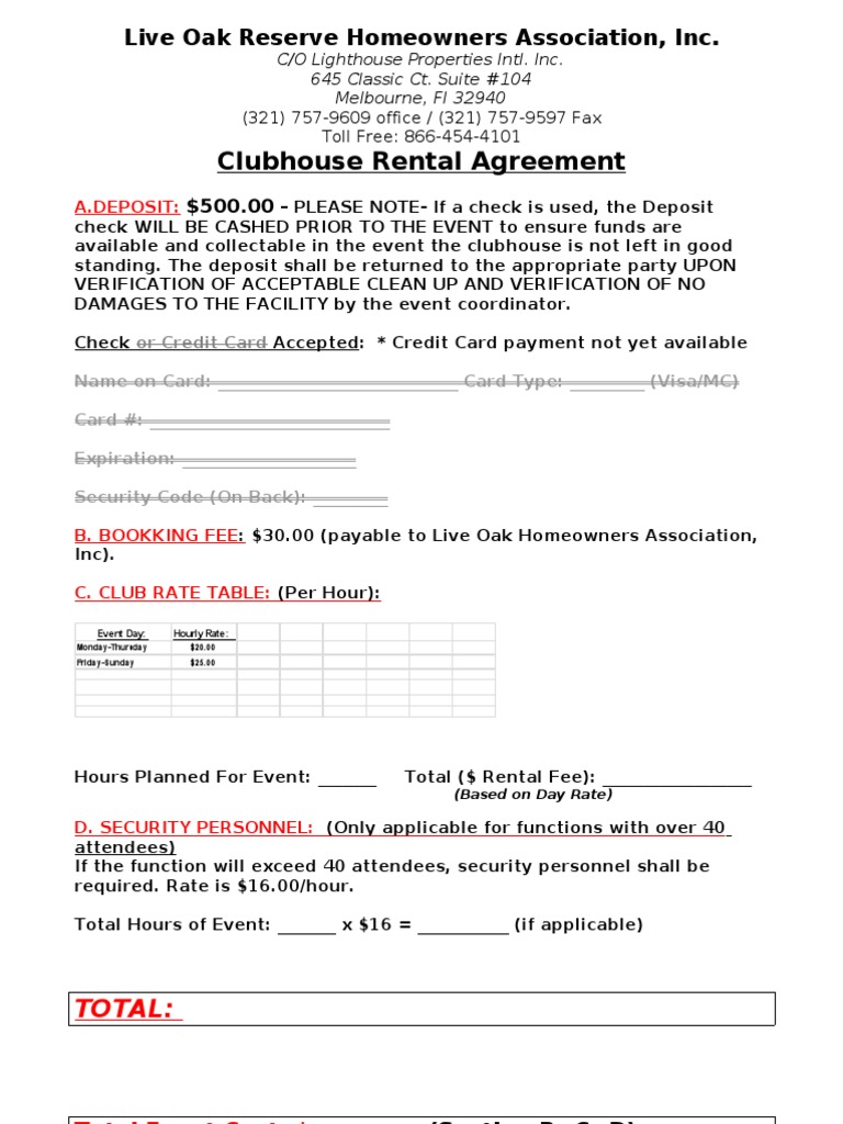 Clubhouse Rental Agreement: Live Oak Reserve Homeowners Association ...