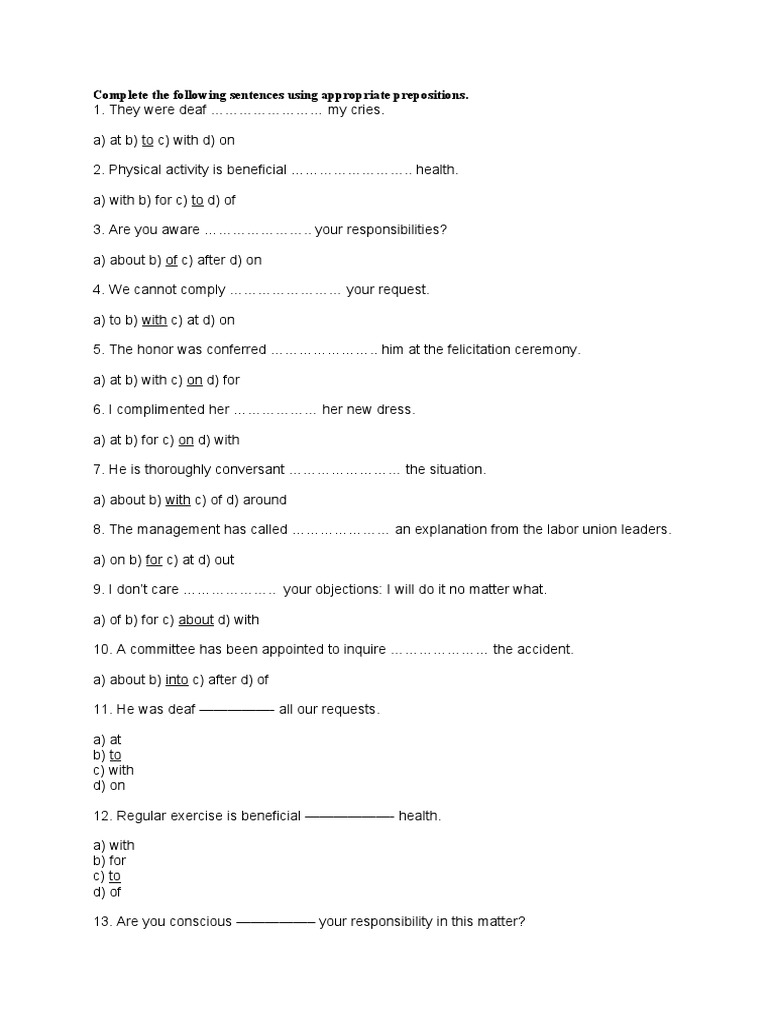 Preposition Worksheet (With Key Answer) | PDF