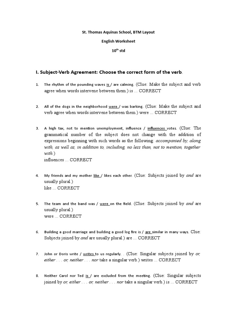 Subject Verb Agreement (Answer With Clues) | PDF | Grammatical Number ...