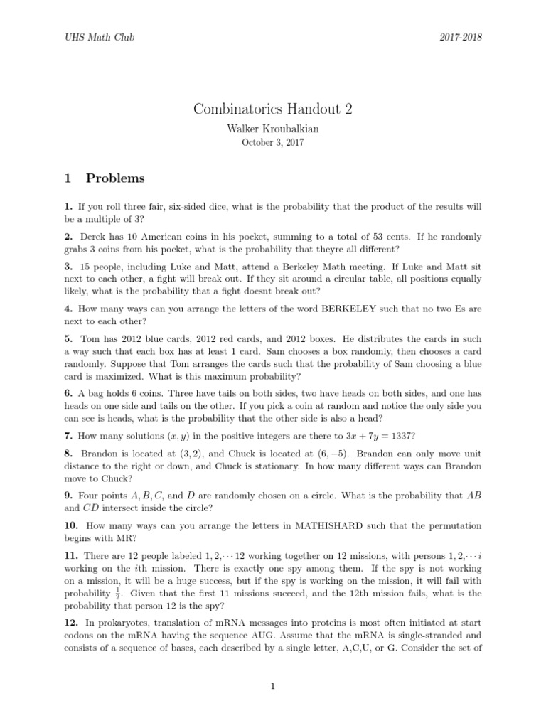 Combinatorics Handout 2: 1 Problems | PDF | Messenger Rna | Translation ...