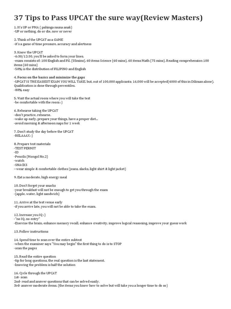 37 Tips To Pass UPCAT The Sure Way | PDF | Question | Test (Assessment)