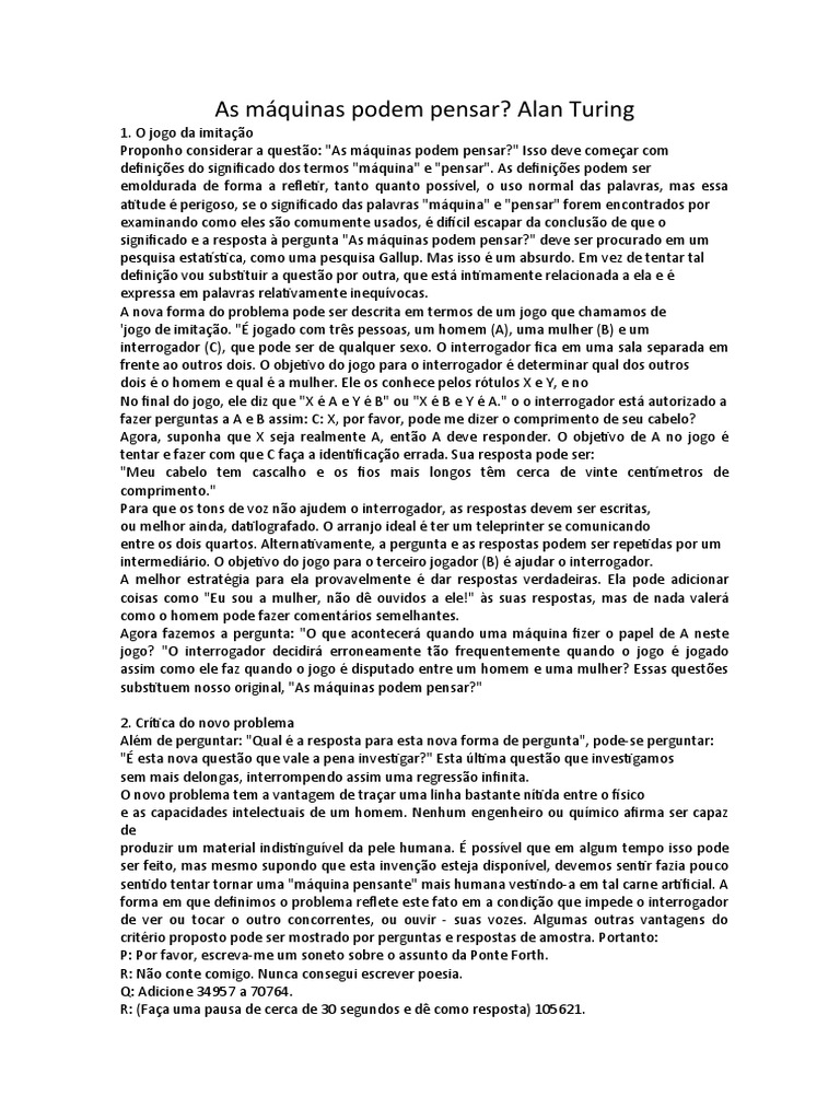 Máquinas Podem Pensar? Análise de Turing | PDF | Pensamento | Argumento
