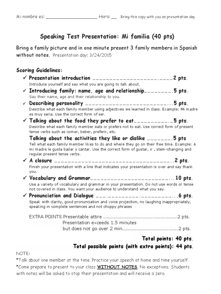Speaking Test Presentation: Mi Familia (40 PTS) | PDF | Morphology ...