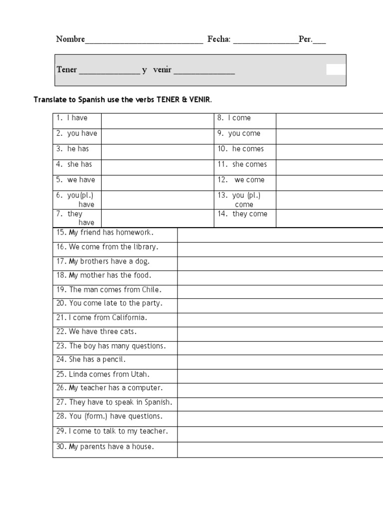 Tener Venir Traer Worksheet | PDF