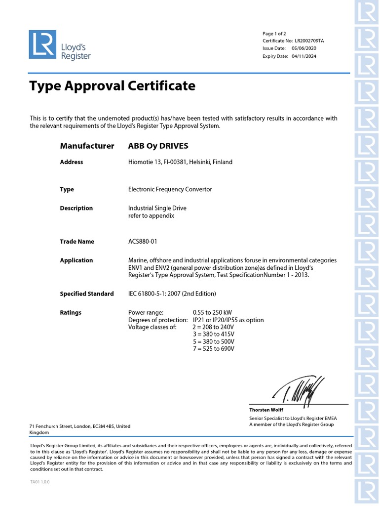 ABB ACS880-01 Type Approval Certificate | PDF | Business