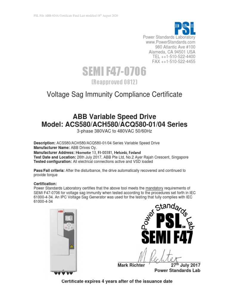 ACH ACS ACQ580-01 04 SEMI-F47 CERTIFICATE ABB-024A Final | PDF | Technology & Engineering