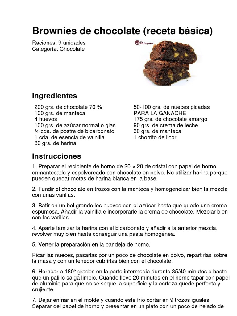 Receta básica de brownies de chocolate | PDF