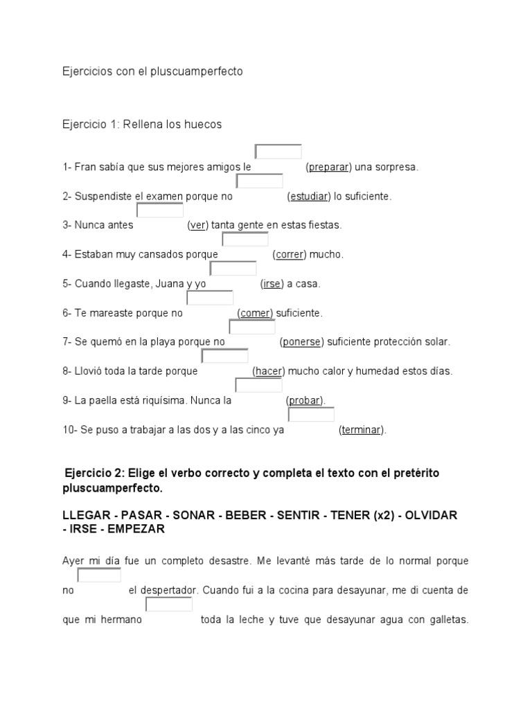 Ejercicios Con El Pluscuamperfecto | PDF | Artes del Lenguaje y ...