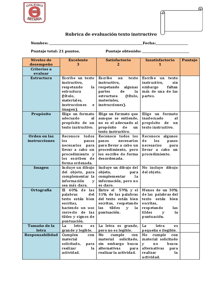 Rubrica de Evaluación Texto Instructivo | PDF | Cognición | Comunicación