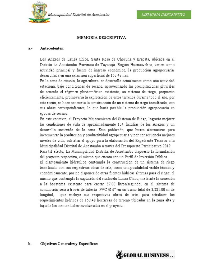 Memoria Descriptiva Riego Acostambo | PDF | Riego | Canal