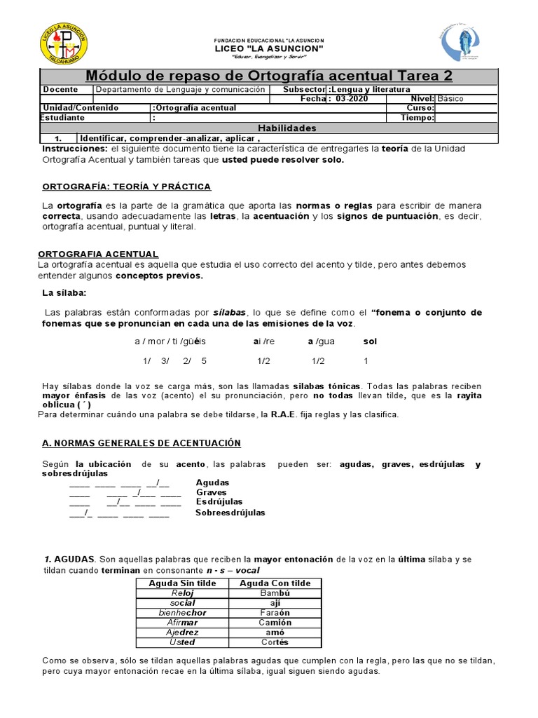 Ortografía. Tarea 2 | PDF | Estrés (lingüística) | Ortografía