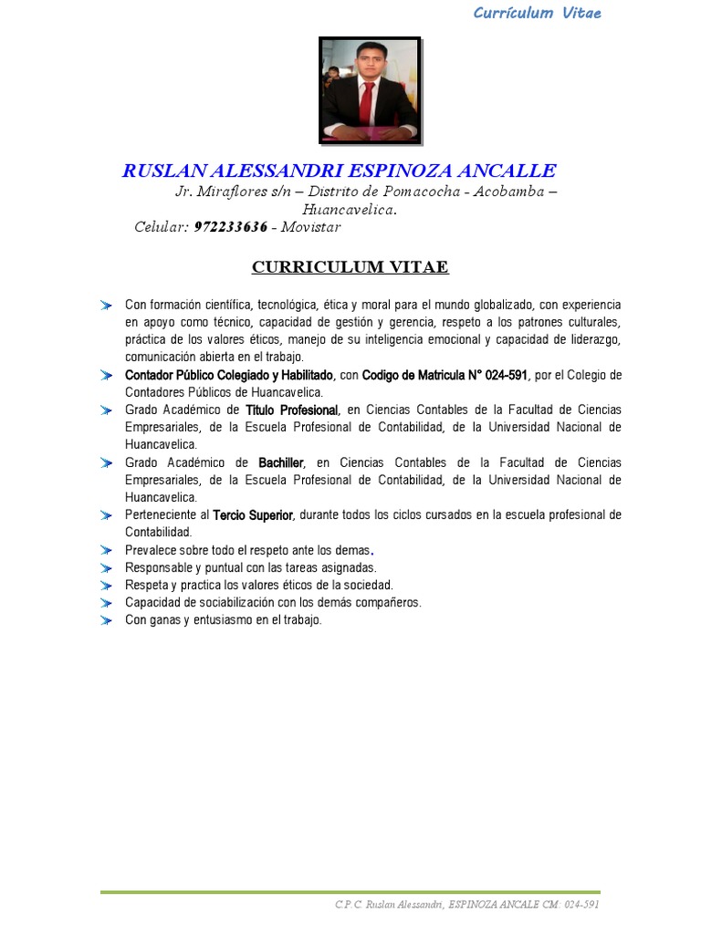 Currículum Vitae de Ruslan Alessandri Espinoza Ancalle, Contador Público Colegiado | PDF ...