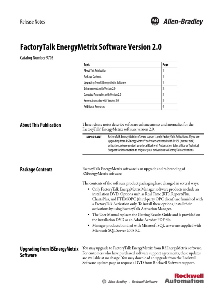 Factorytalk Energymetrix Software Version 2.0: Release Notes | PDF