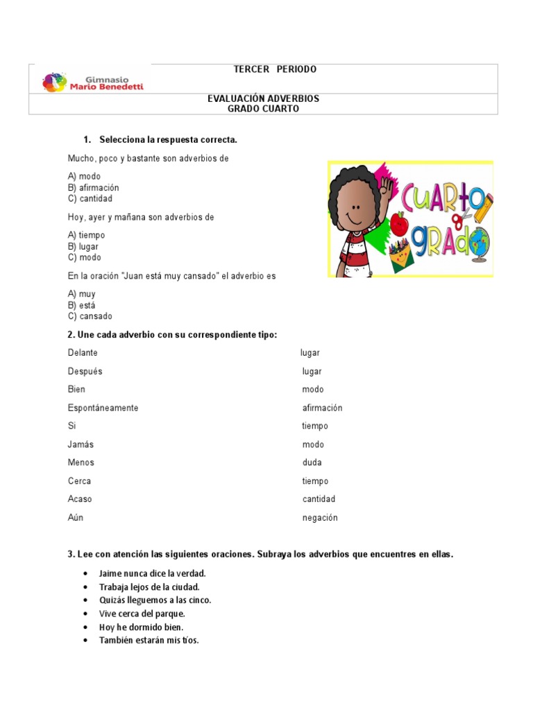 Evaluación de Adverbios 4° Grado | PDF