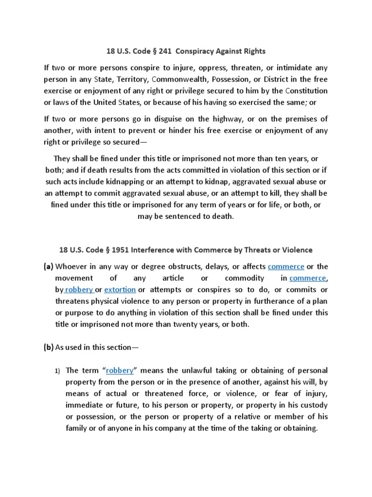 18 U S Code 241 Conspiracy Against Rights Commerce Commerce Robbery