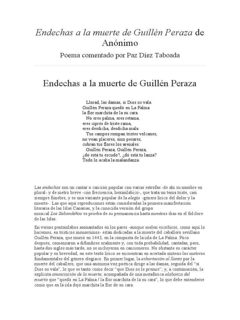 Endechas A La Muerte de Guillén Peraza | PDF | Poesía