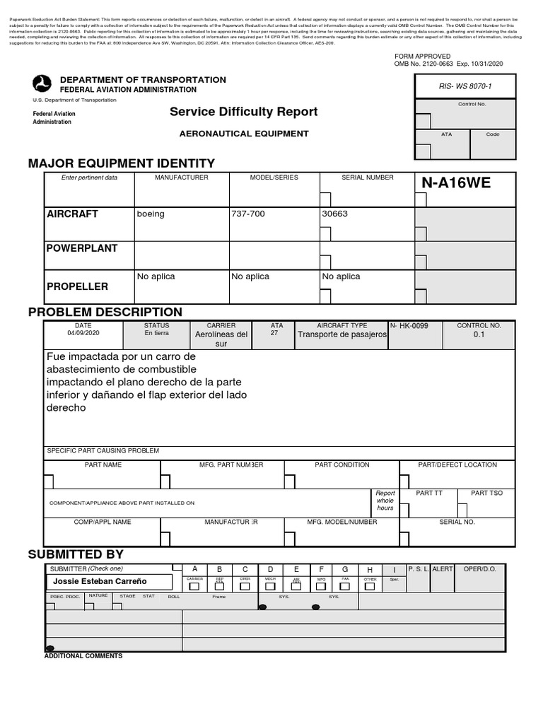 Service Difficulty Report: N-A16WE | PDF | Aerospace | Aeronautics