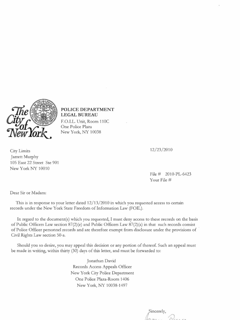 FOIL Rejection Letter From NYPD | PDF | New York City Police Department ...