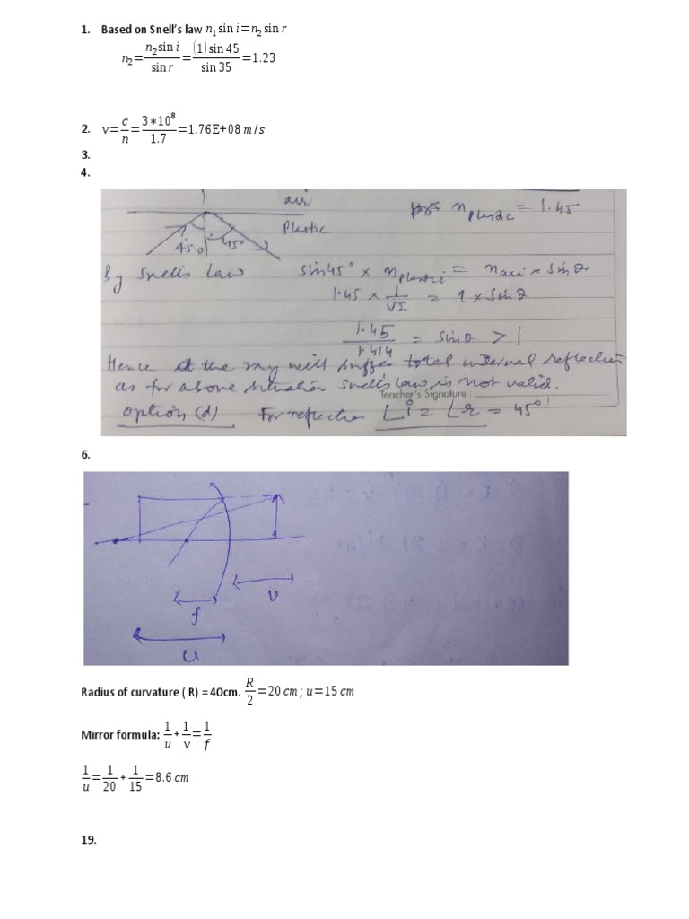 Sin I N Sin R Sin I Sinr (1) Sin 45 Sin 35 1.23: 1. Based On Snell's ...