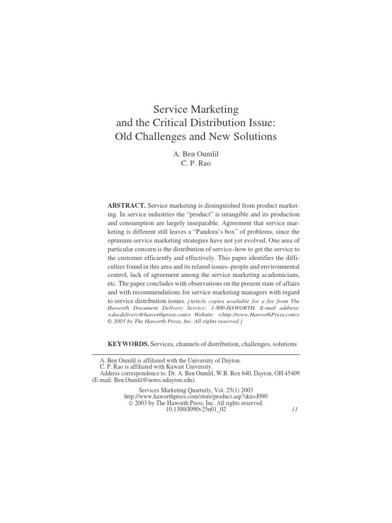 Service Marketing and The Critical Distribution Issue: Old Challenges ...