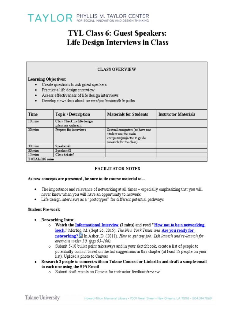 TYL Class 06. Guest Speakers - Life Design Interviews in Class | PDF ...