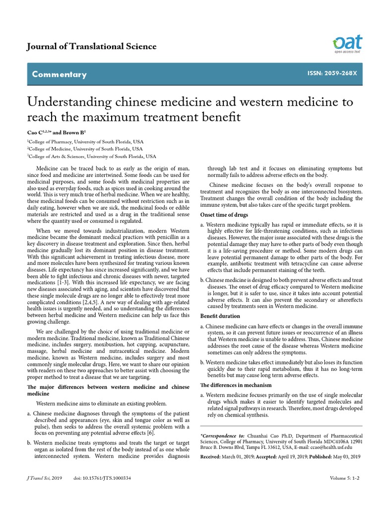 CAO, 2019. Understanding Chinese Medicine and Western Medicine To Reach ...