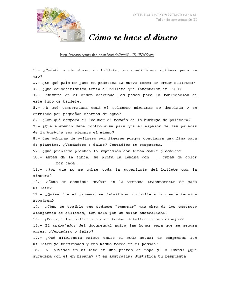 ACTIVIDAD DE COMPRENSIÓN ORAL.Cómo se hace el dinero. | PDF | Billete ...