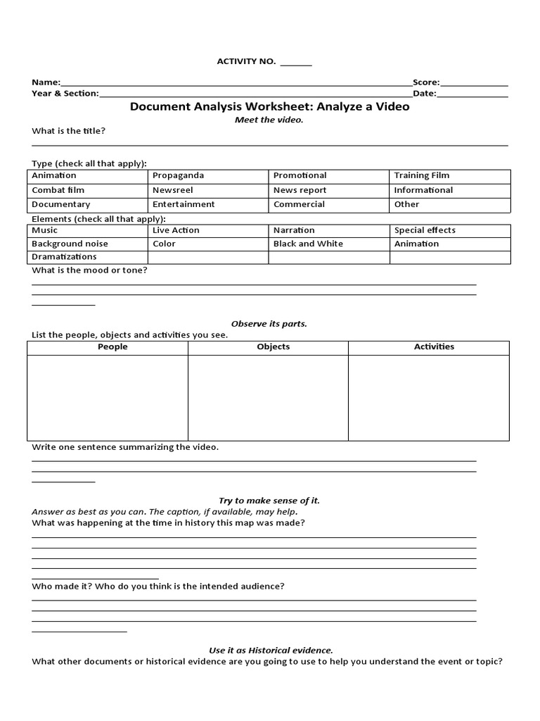 Document Analysis Worksheet: Analyze A Video: Activity No. Name: Score ...