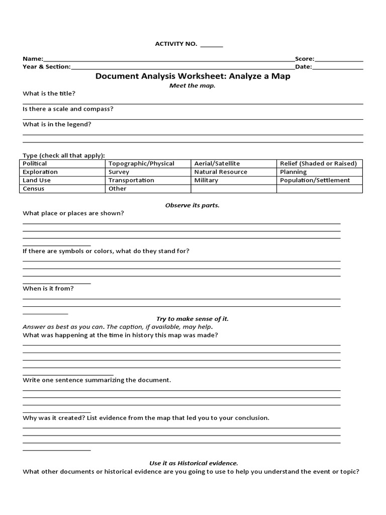 Document Analysis Worksheet: Analyze A Map: Activity No. Name: Score ...