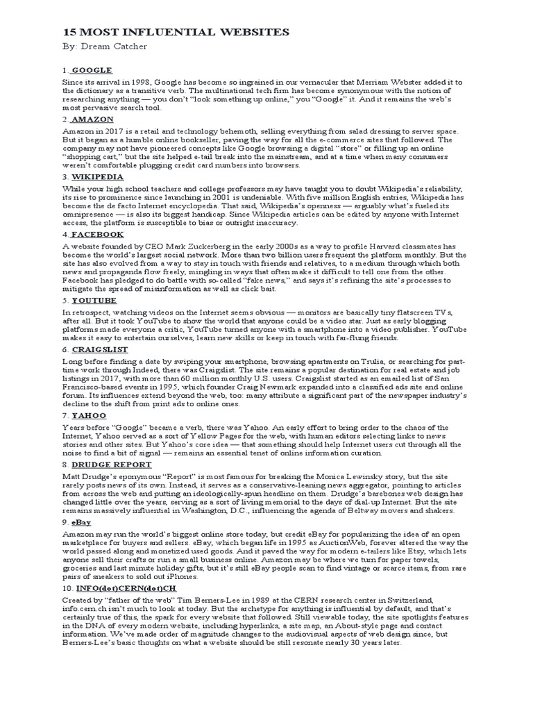 15 Most Influential Websites | PDF | Craigslist | Wiki Leaks