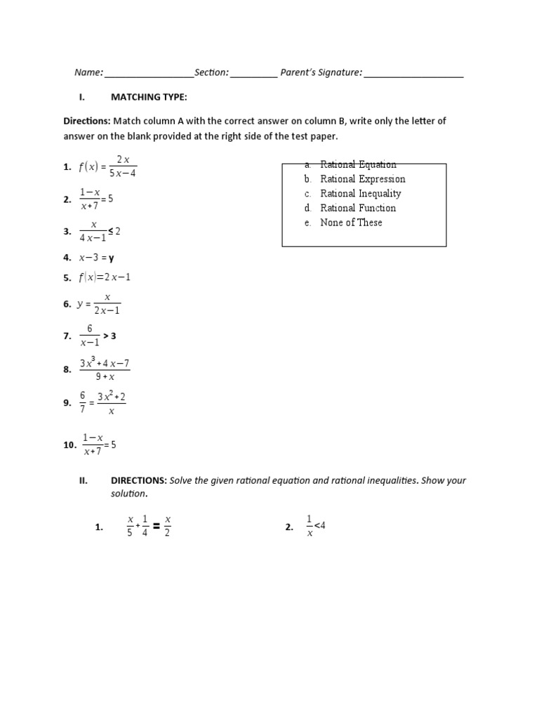 Rational Equations and Inequalities Quiz | PDF | Equations | Fraction ...