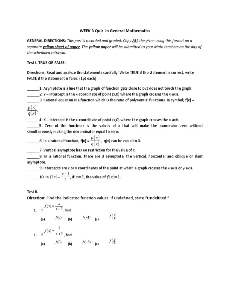 Quiz 03 Rational Functions Pdf Asymptote Function Mathematics