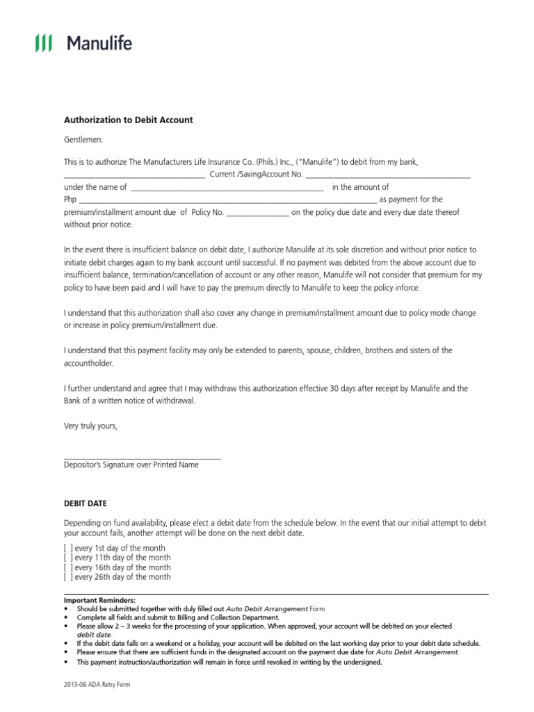 Manulife Auto Debit Authorization | PDF | Debit Card | Insurance
